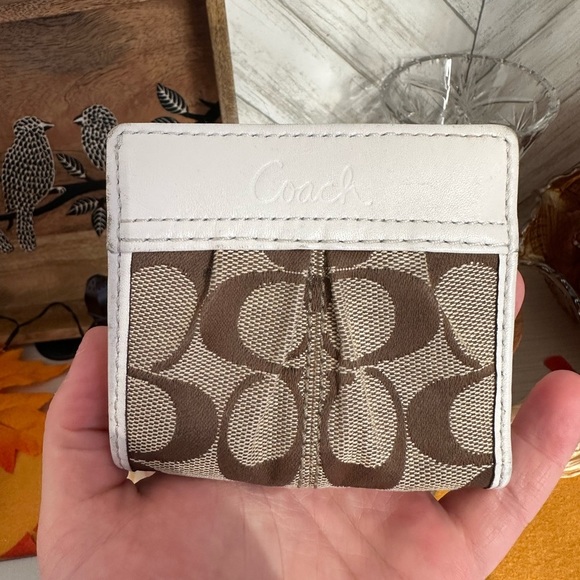 Coach | Bags | Coach White Leather And Khaki Signature Fabric Wallet ...